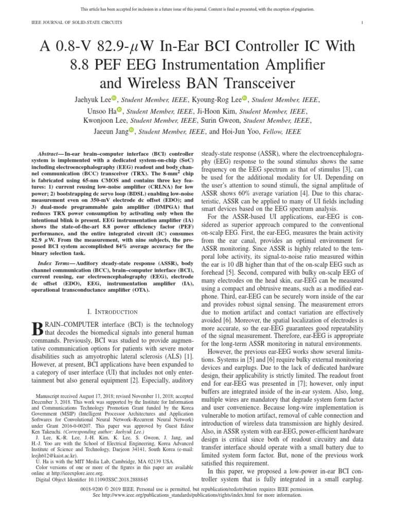 A 0.8-V 82.9-μW In-Ear BCI Controller IC With 8.8 PEF EEG ...