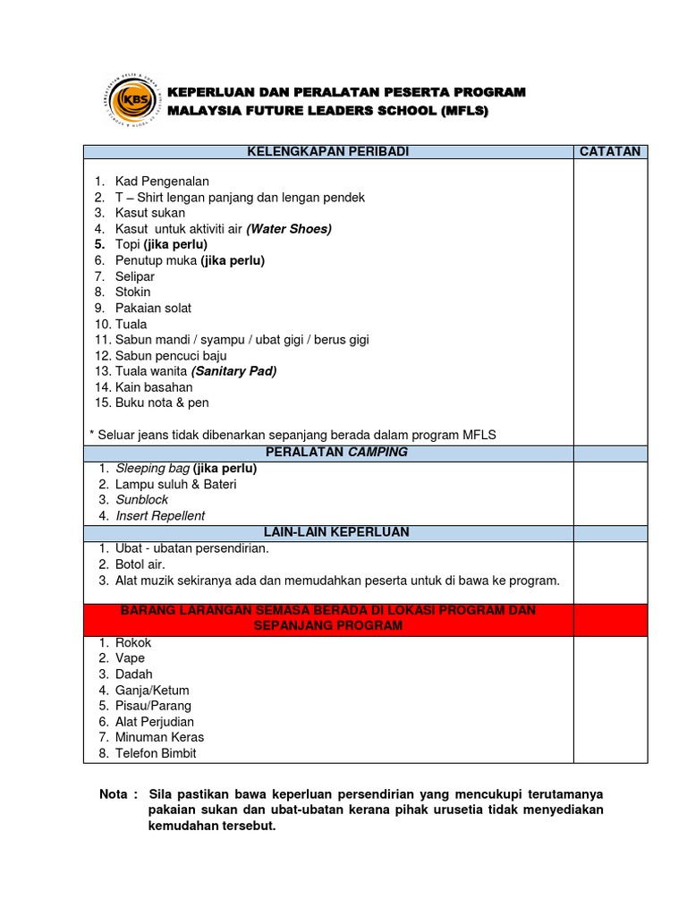 7 Keperluan & Kelengkapan Peserta MFLS | PDF