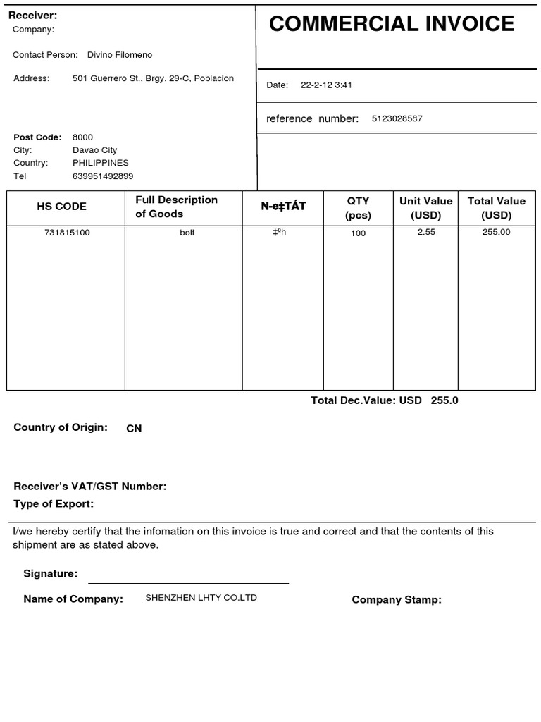 Commercial Invoice: Reference Number | PDF