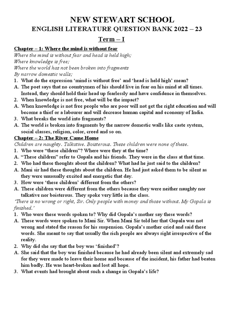 Class 8 English Literature Question Bank | PDF | General Fiction