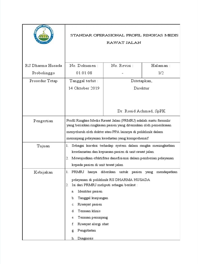 PDF Sop PRMRJ Profil Ringkas Medis Rawat Jalan | PDF