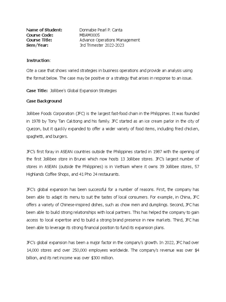 Case Presentation and Analysis - Operations Jollibee | Download Free ...