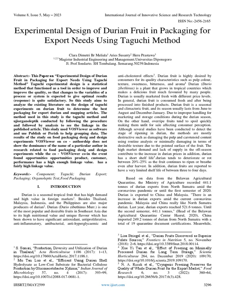Experimental Design Of Durian Fruit In Packaging For Export Needs Using Taguchi Method Pdf