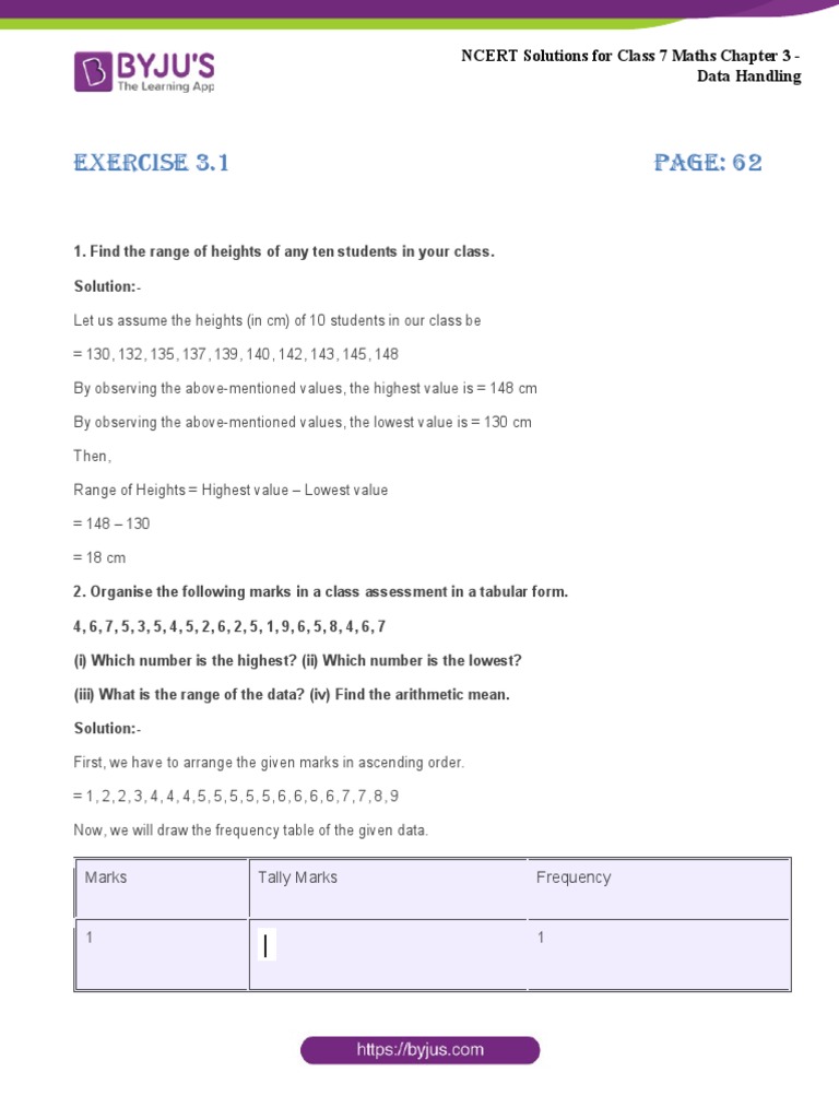 Ncert Solutions For Class 7 Maths 5may Chapter 3 Data Handling Exercise 3 1 | PDF | Mean ...