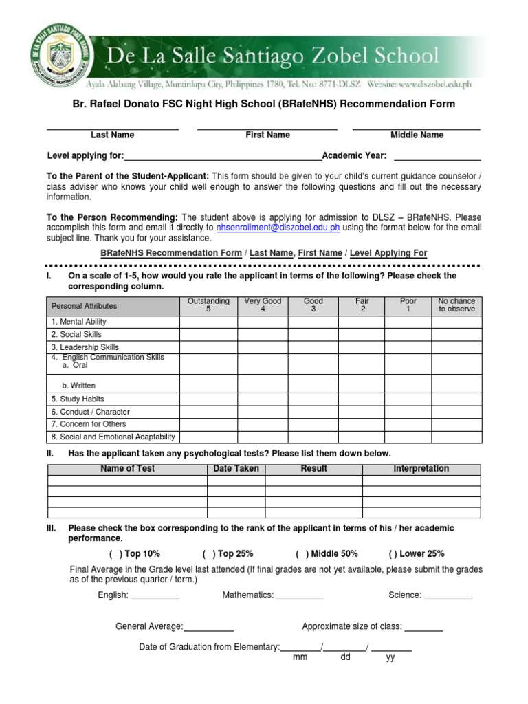DLSZ BRafeNHS Recommendation Form AY 2023 2024 | PDF | University And ...