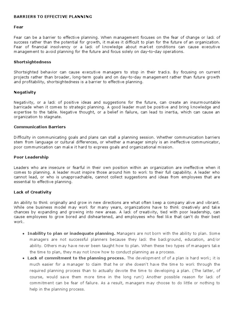 BARRIERS TO EFFECTIVE PLANNING AND WAYS TO OVERCOME THE BARRIERS | PDF | Strategic Planning | Goal