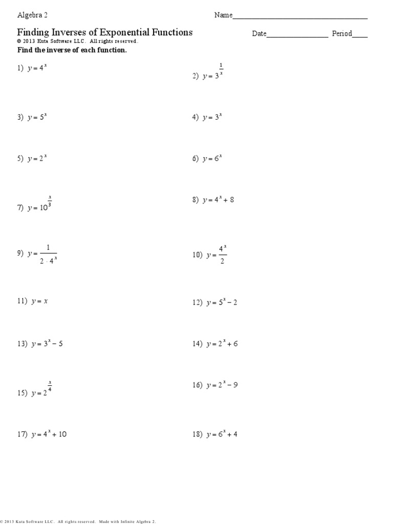 Algebra 2 Finding Inverses of Exponential Functions | PDF | Mathematics ...