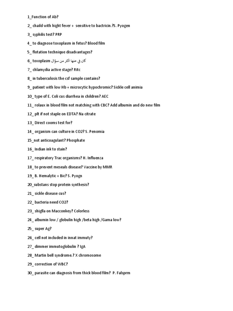 Short Notes For MLT Prometric Exam Past Paper 2 | PDF