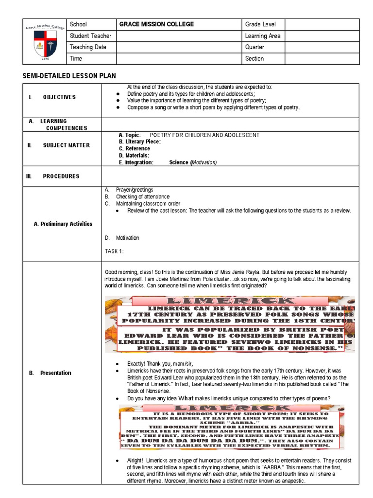 Engaging Poetry Lesson Plan | PDF | Limerick (Poetry) | Poetry