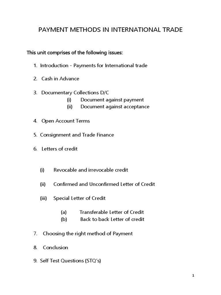 Unit 2 PAYMENT METHODS IN INTERNATIONAL TRADE | PDF | Letter Of Credit | Payments