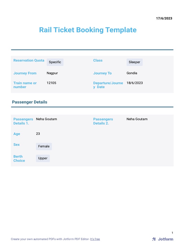 Rail Ticket Booking Template - Jotform PDF Editor | PDF