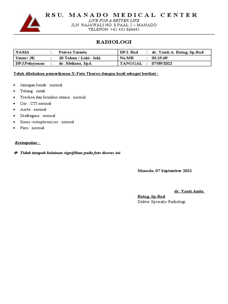 Hasil X-Foto Thorax Normal Anak 10 Tahun | PDF