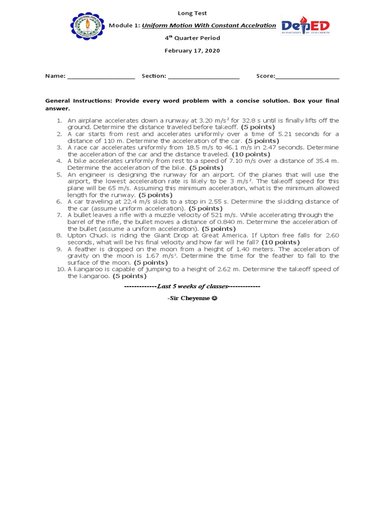 Long Test Constant Acceleration | PDF | Teaching Methods & Materials