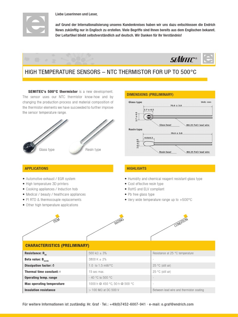 High Temperature Sensors - NTC Thermistor For Up To 500C | PDF