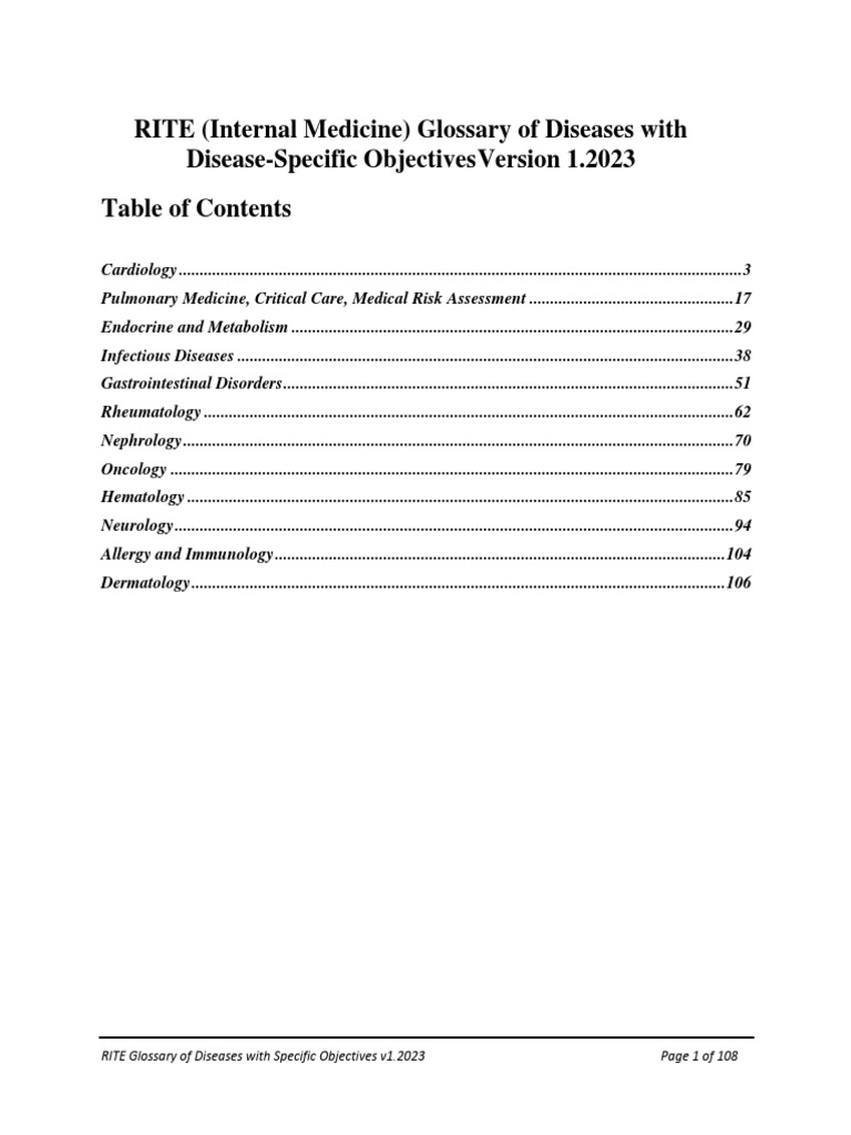 RITE Glossary of Diseases With Specific Objectives 2023 v1 | PDF
