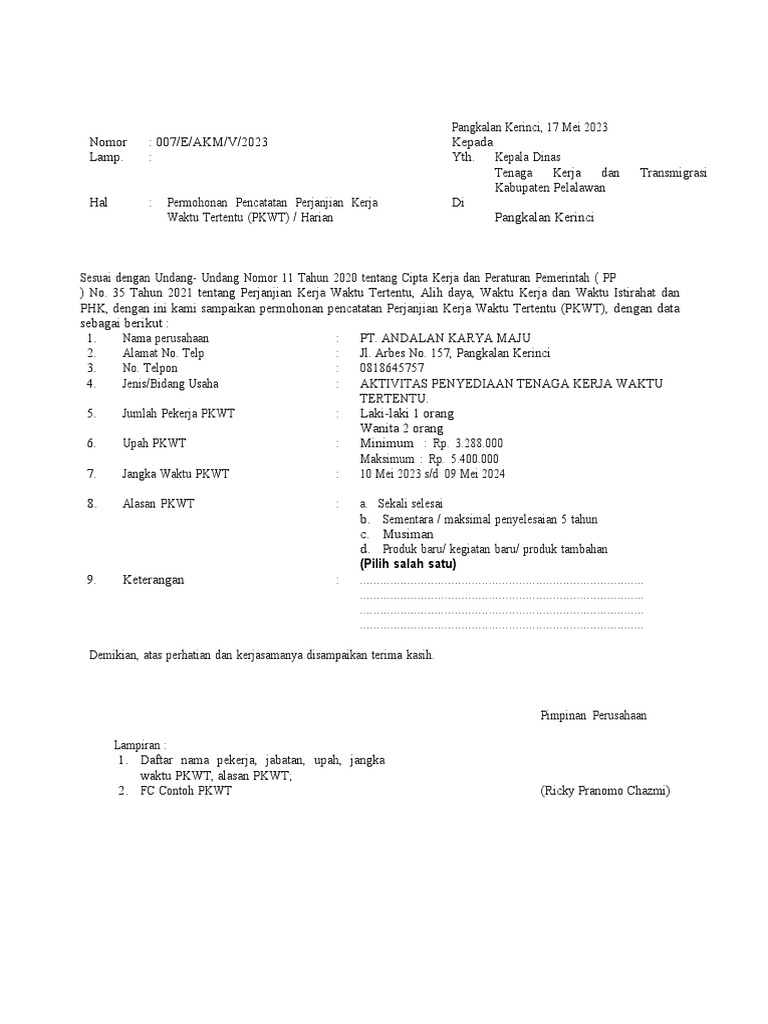 Formulir Permohonan Pencatatan PKWT Atau Harian | PDF