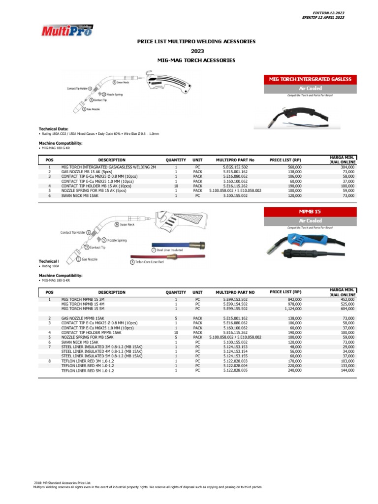 Multipro Welding Accessories Price List 2023 | PDF | Materials | Joining
