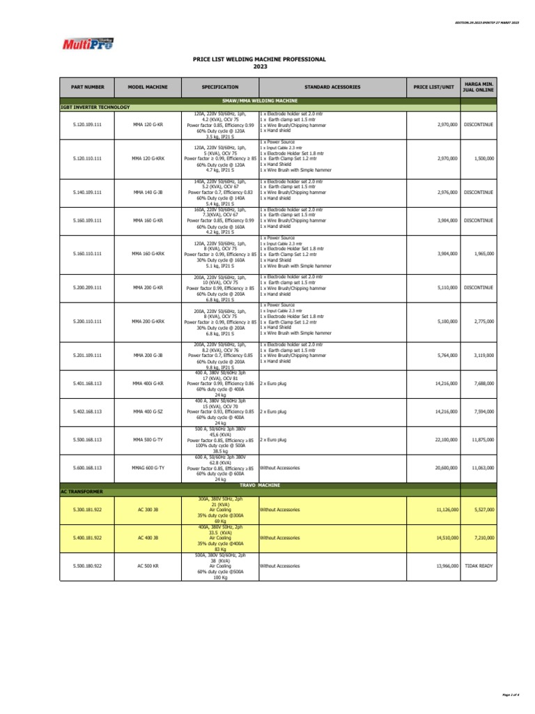 Welding Machines Price List 2023 | PDF | Joining | Electricity