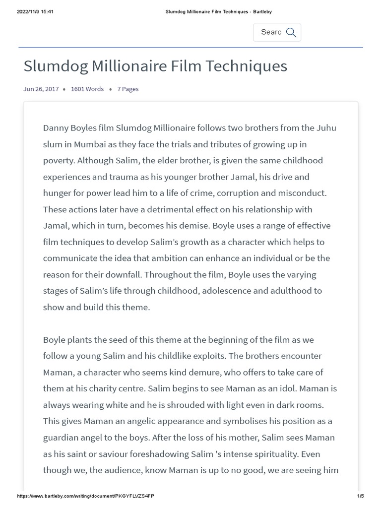 Slumdog Millionaire: Analyzing Salim's Arc | PDF
