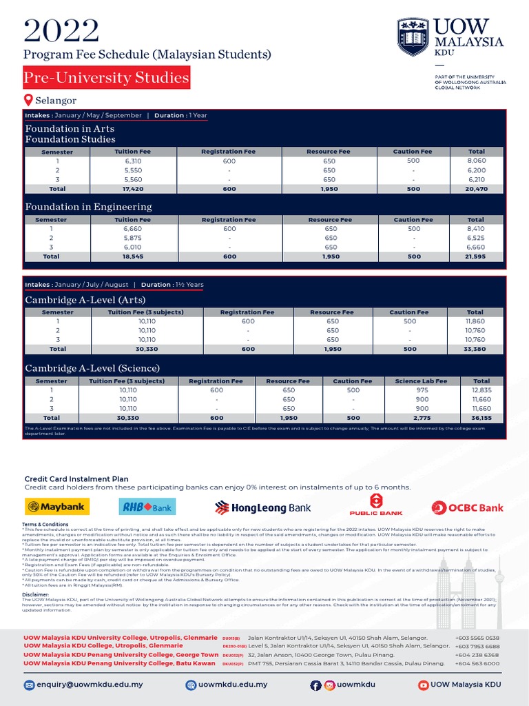 Selangor 2022 Pre-University Fee Schedule | PDF