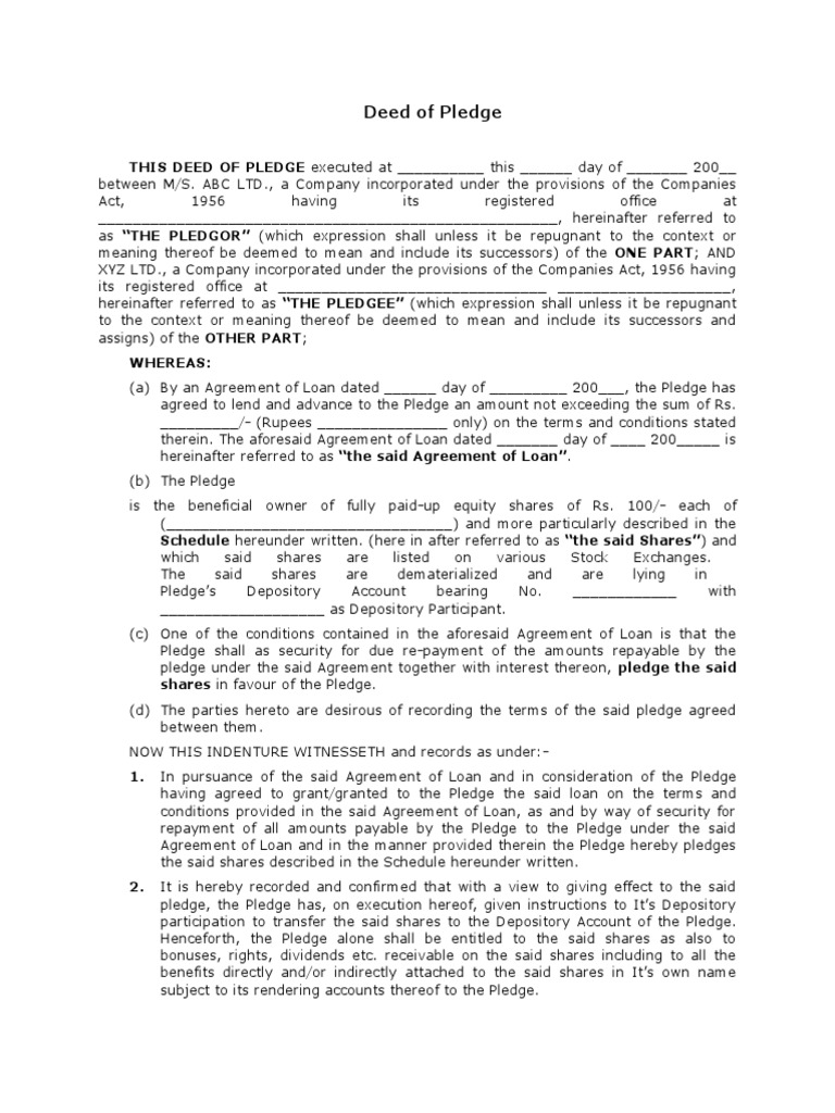 Deed of Pledge | Download Free PDF | Loans | Expense