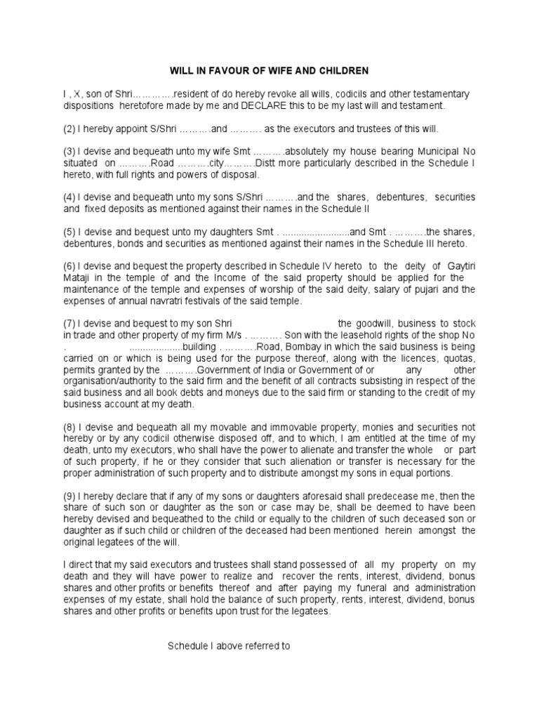 Will in Favour of Wife and Children | PDF | Will And Testament | Dividend