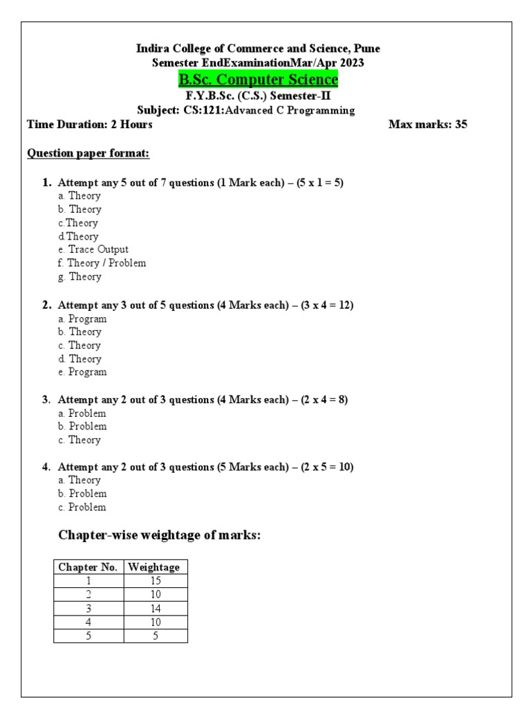 Advanced C - B.sc. Computer Science Question Paper Format | PDF | Teaching Methods & Materials ...