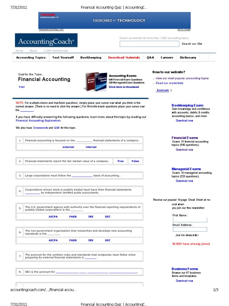 Financial Accounting Quiz - Accounting Coach | PDF | Cash Flow ...