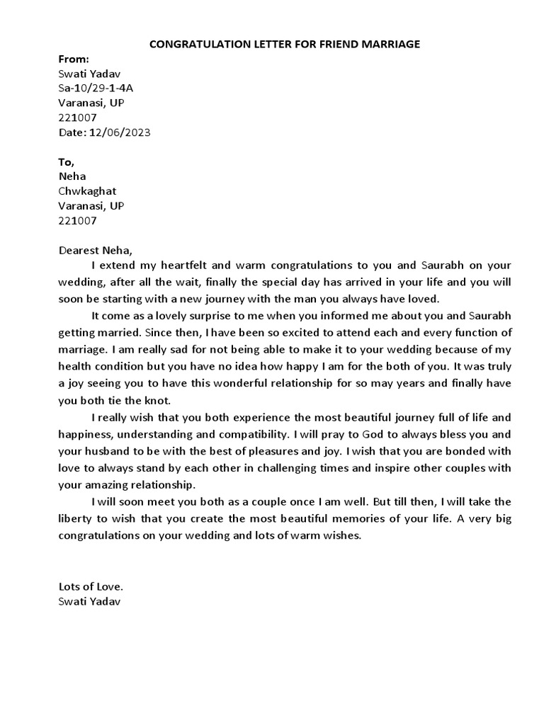 CONGRATULATION LETTER FOR FRIEND MARRIAGE | PDF