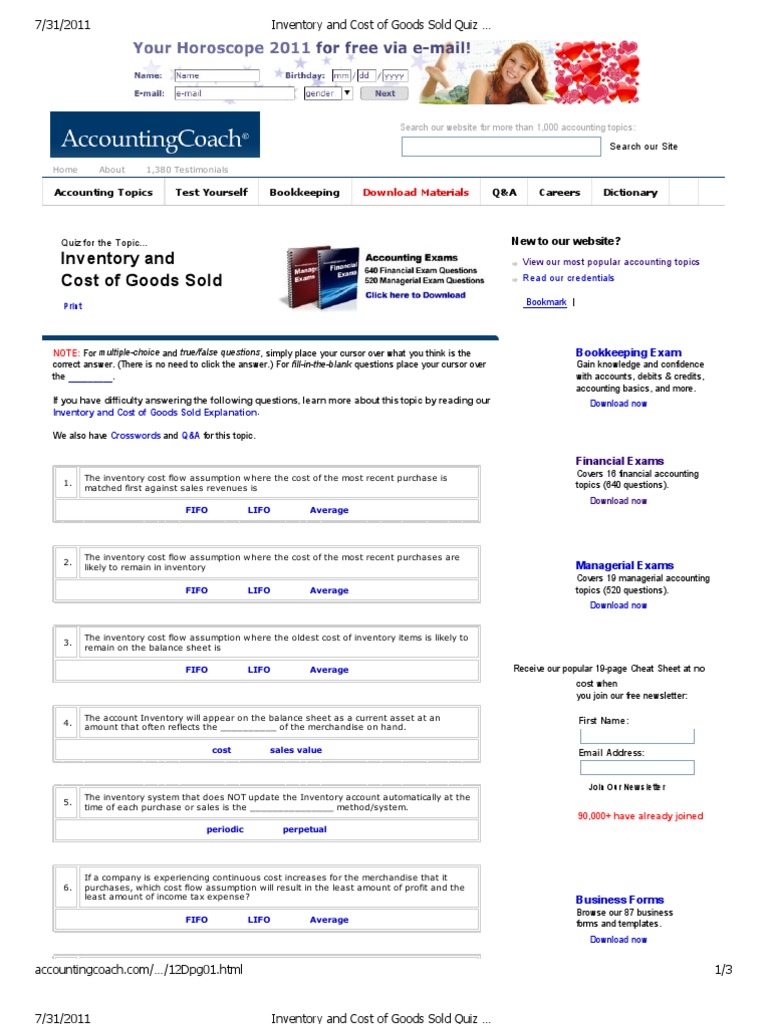 Inventory and Cost of Goods Sold Quiz - Accounting Coach | Download ...