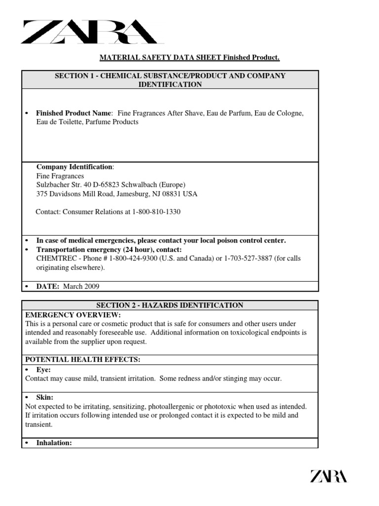 Msds Parfum Zara New | Download Free PDF | Firefighting | Perfume