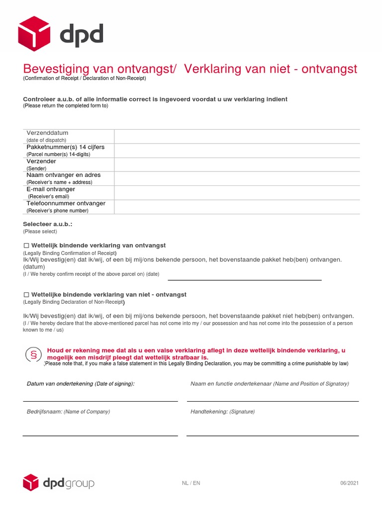 Niet Ontvangst Verklaring DPD | PDF