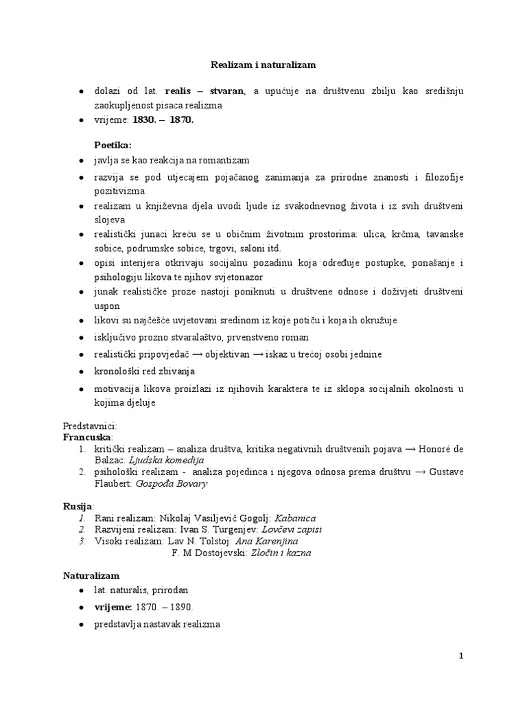 Realizam, Naturalizam, Protorealizam | PDF