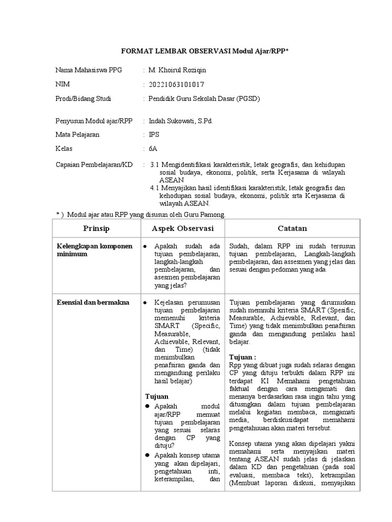 Lembar Observasi RPP | PDF