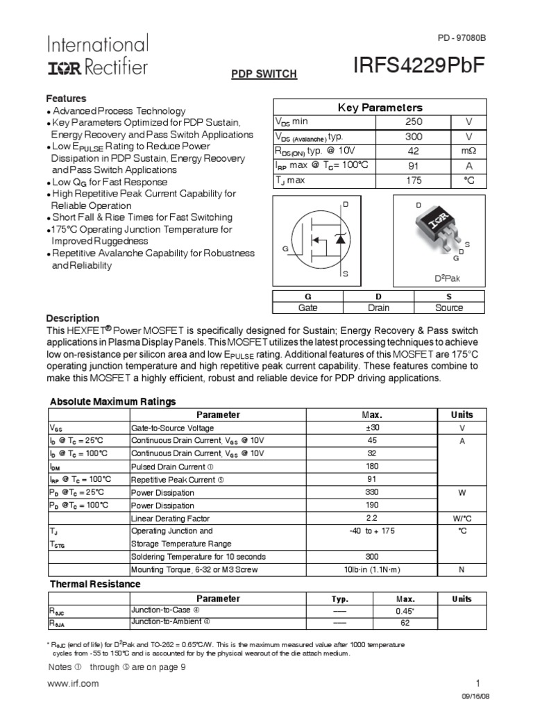 Infineon IRFS4229 DataSheet v01 - 01 EN | PDF | Field Effect Transistor | Mosfet