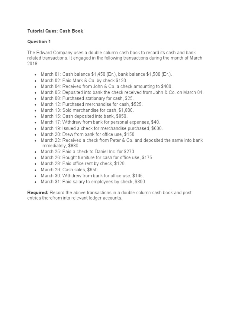 Tutorial Ques Cash Book Pdf Cheque Banks