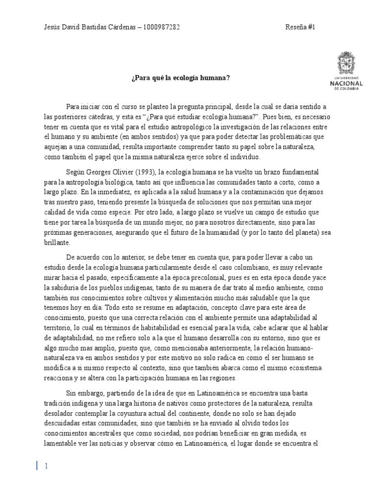 Jesús Bastidas Reseña #1 Ecología Humana | PDF