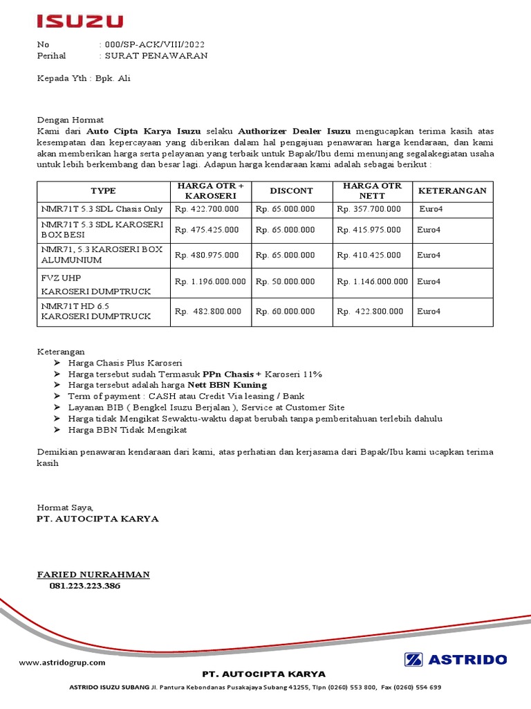 SURAT PENAWARAN ISUZU | PDF