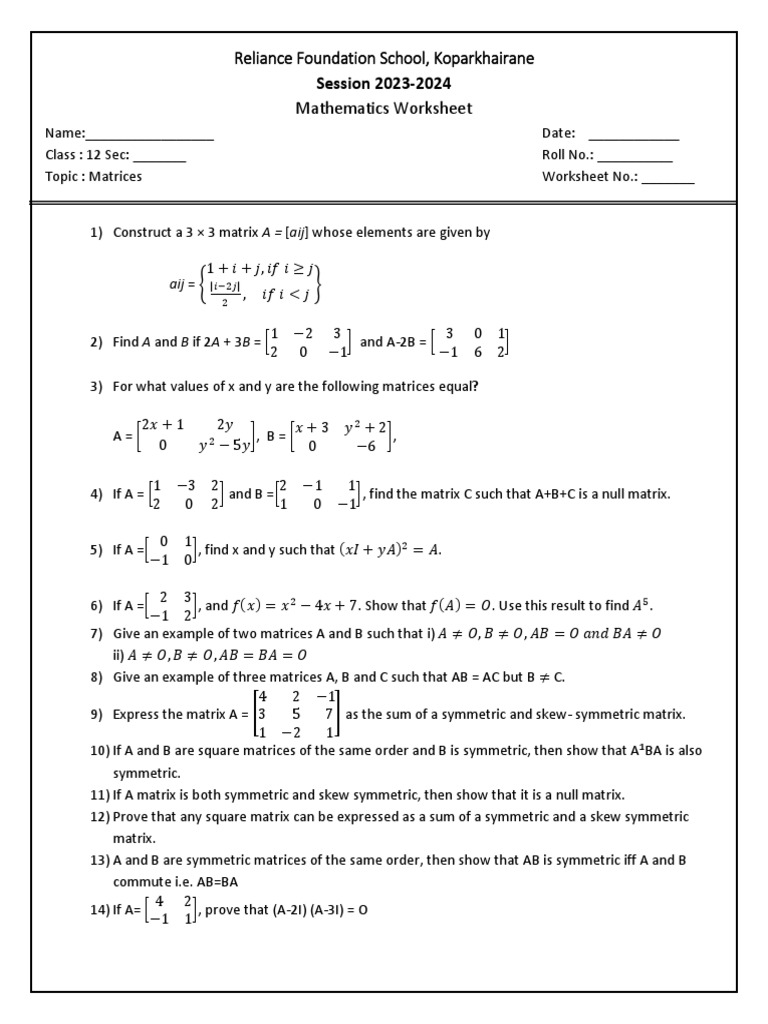 RFS WS 12 CH3 Matrices | PDF