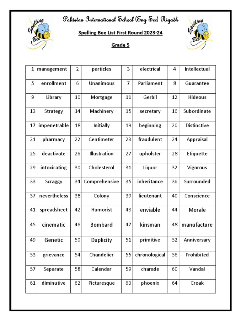 Grade 5 Spelling Bee Word List 2023-24 | PDF