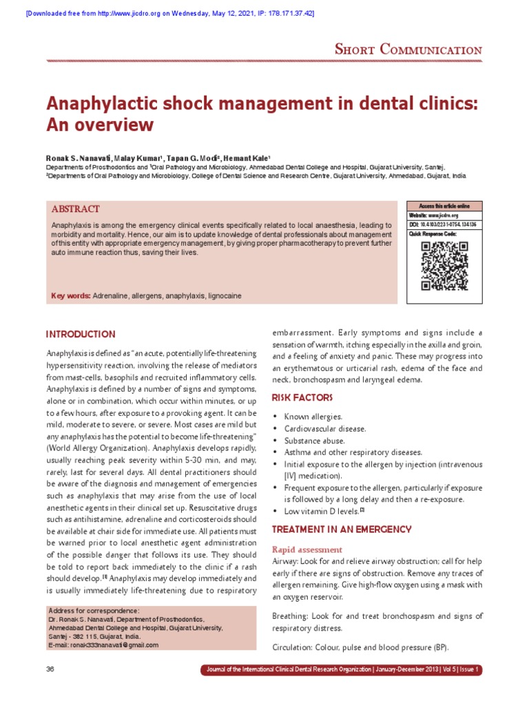 Anaphylactic Shock Management in Dental Clinics An | Download Free PDF ...
