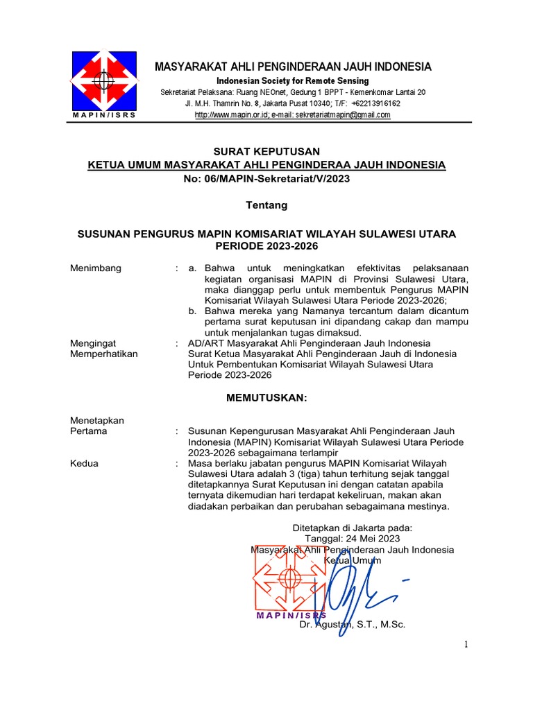 SK Pengurus Mapin Sulut 2023 | PDF