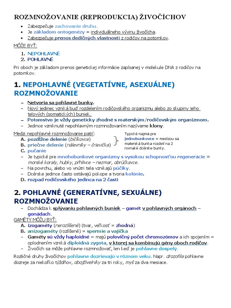 Rozmnožovanie A Ontogenéza Živočíchov | PDF