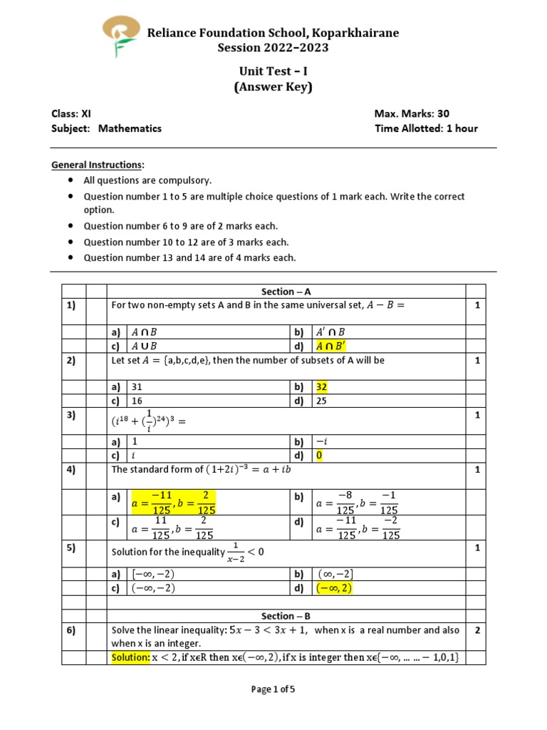 AK - Mathematics - Class 11 - UT1 - 2022-23 | PDF | Inequality (Mathematics) | Mathematical Logic