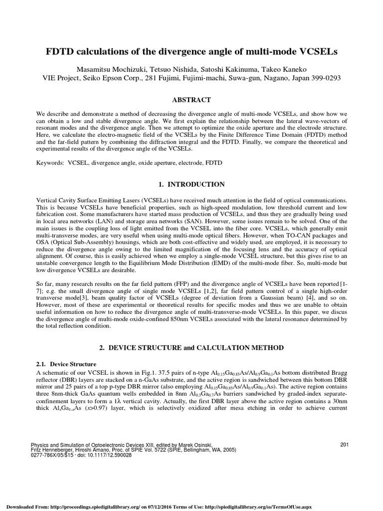 FDTD Calculations of The Divergence Angle of Multi-Mode VCSELs | PDF ...