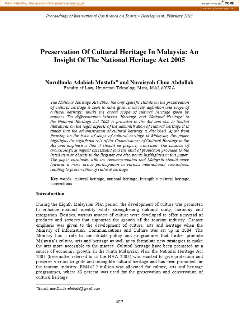 Preservation of Cultural Heritage in Malaysia: An Insight of The ...