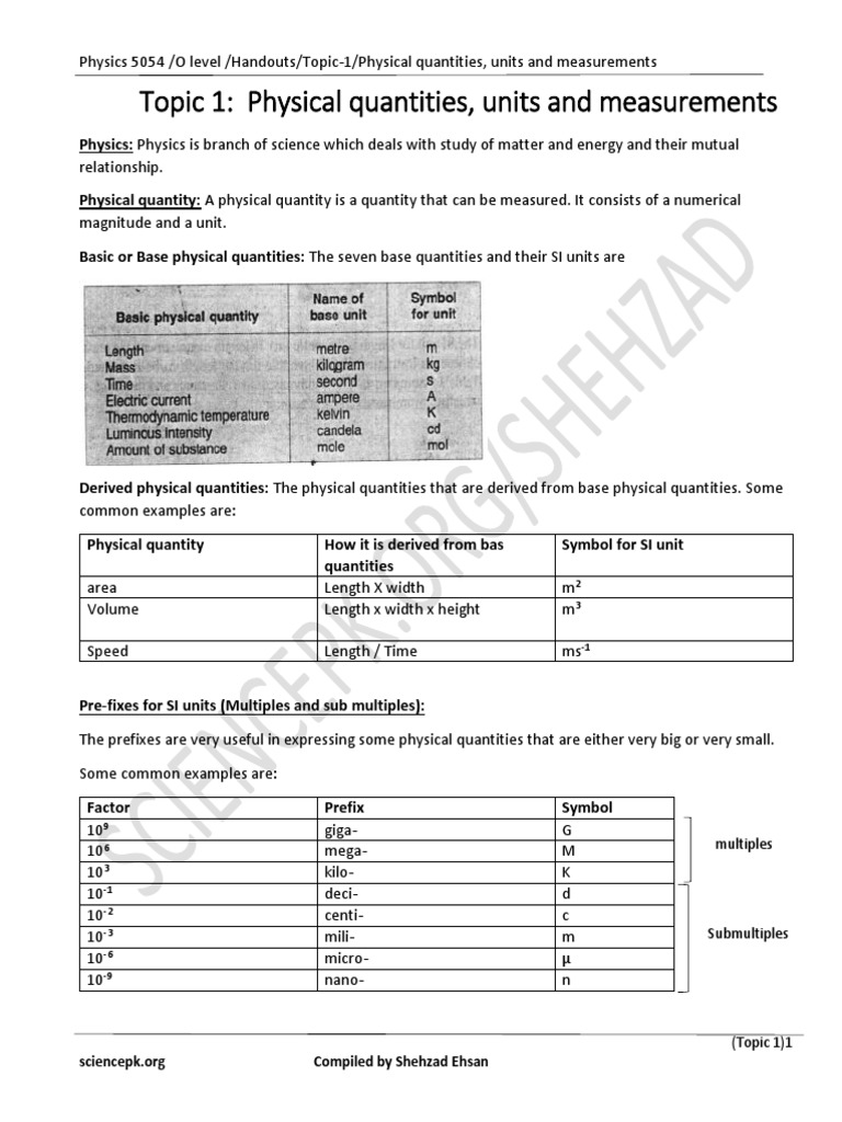 5054 Handouts Topic-1 PhysicalQuantitiesUnitsAndMeasurements | PDF
