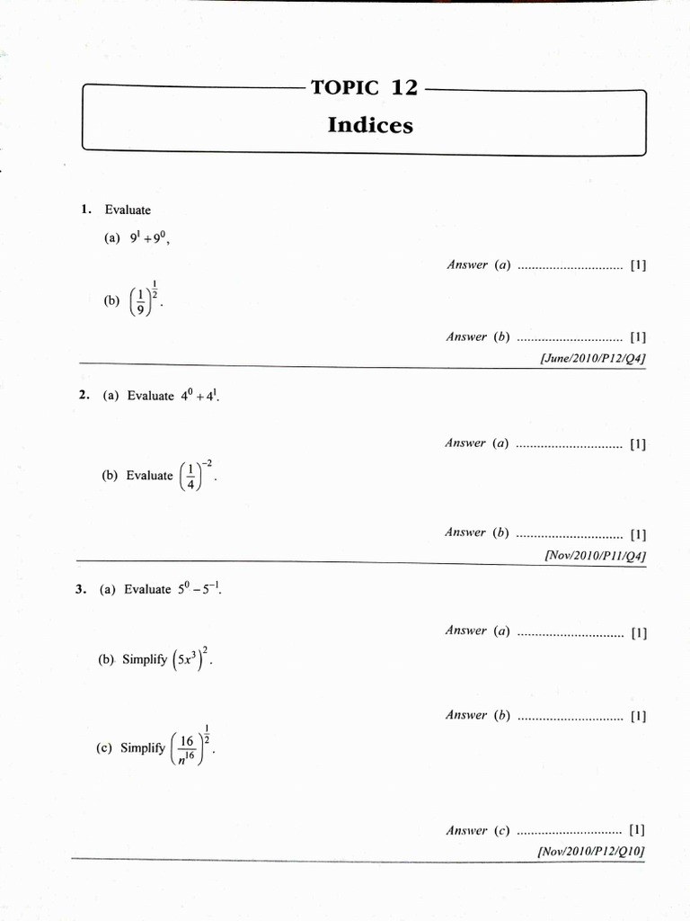 Indices Worksheet | PDF