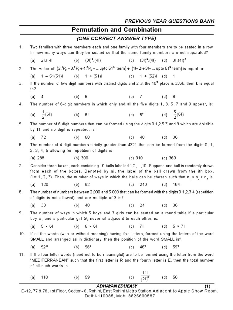 Permutation & Combination - Previous Year Questions Bank | PDF | Teaching Methods & Materials