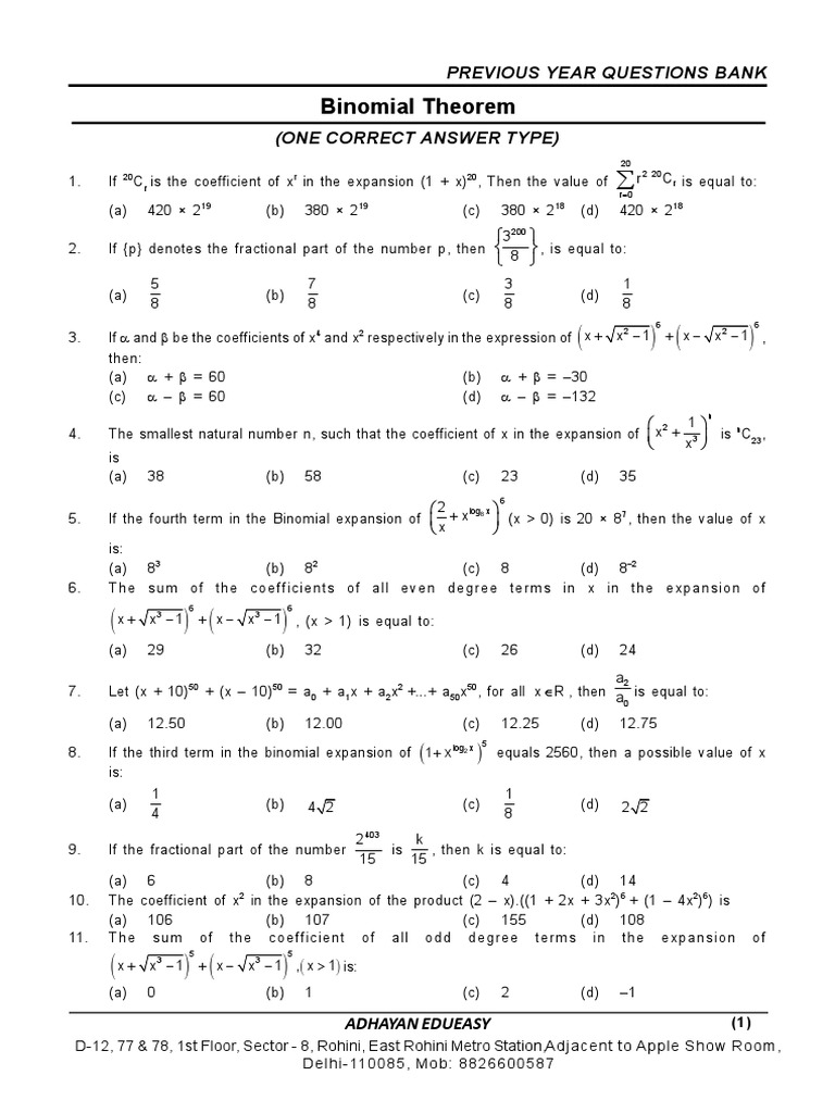 Binomial Theorem PYQs for Class 11 | PDF | Complex Analysis | Numerical ...